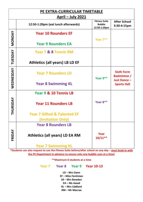PE EXTRA-CURRICULAR TIMETABLE April – July 2021 – Presdales School ...